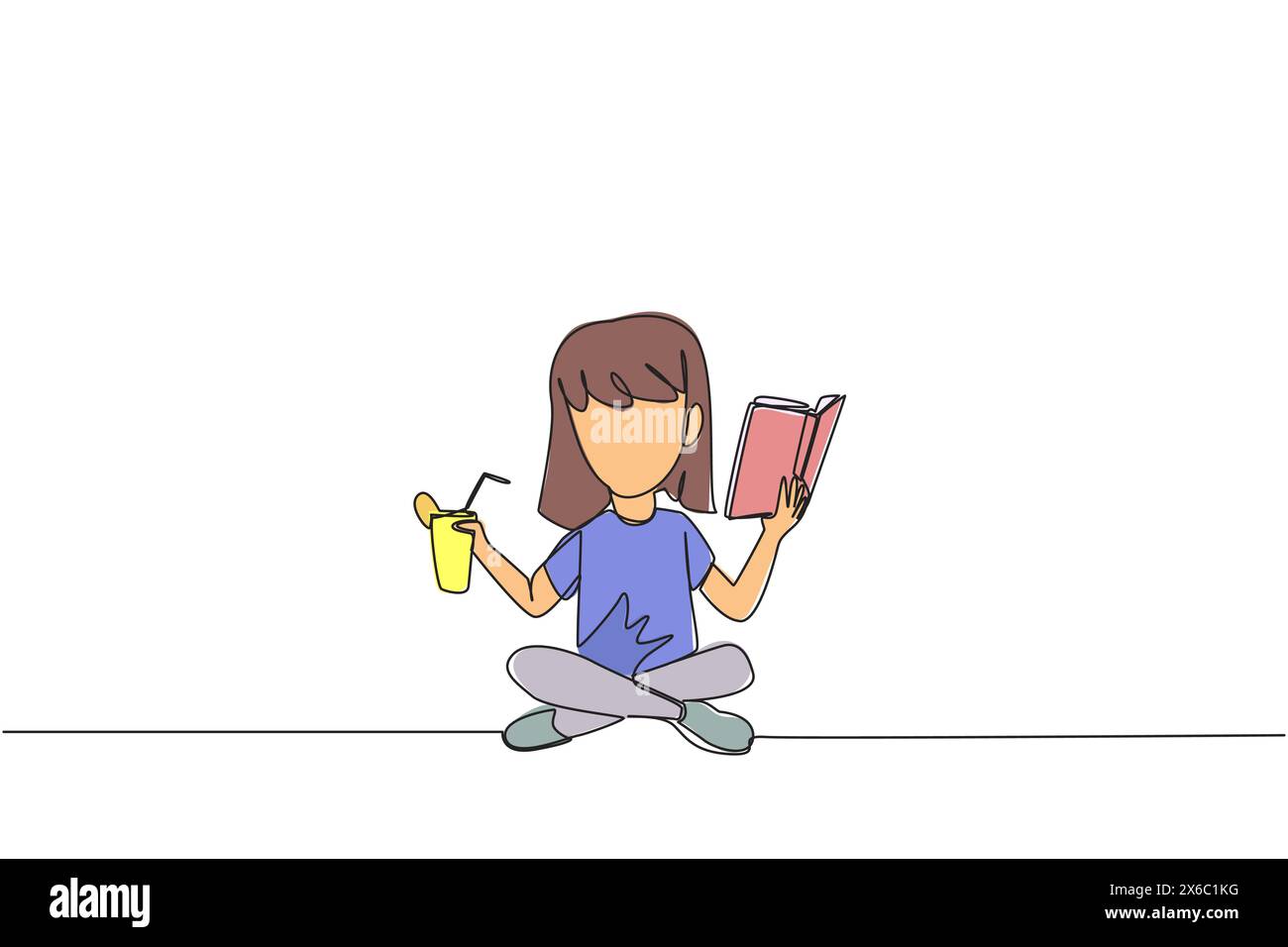 Single continuous line drawing girl sitting cross-legged reading book ...