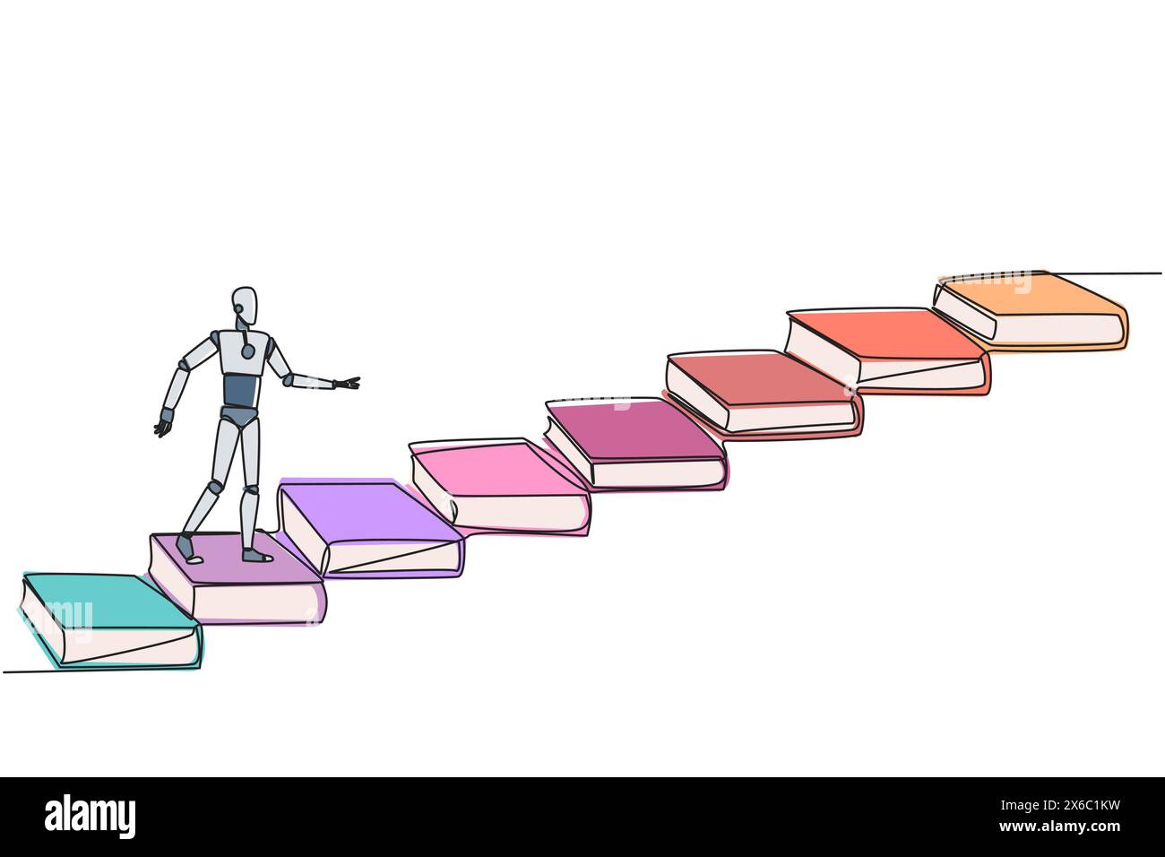 Single continuous line drawing smart robot climb stairs from book ...