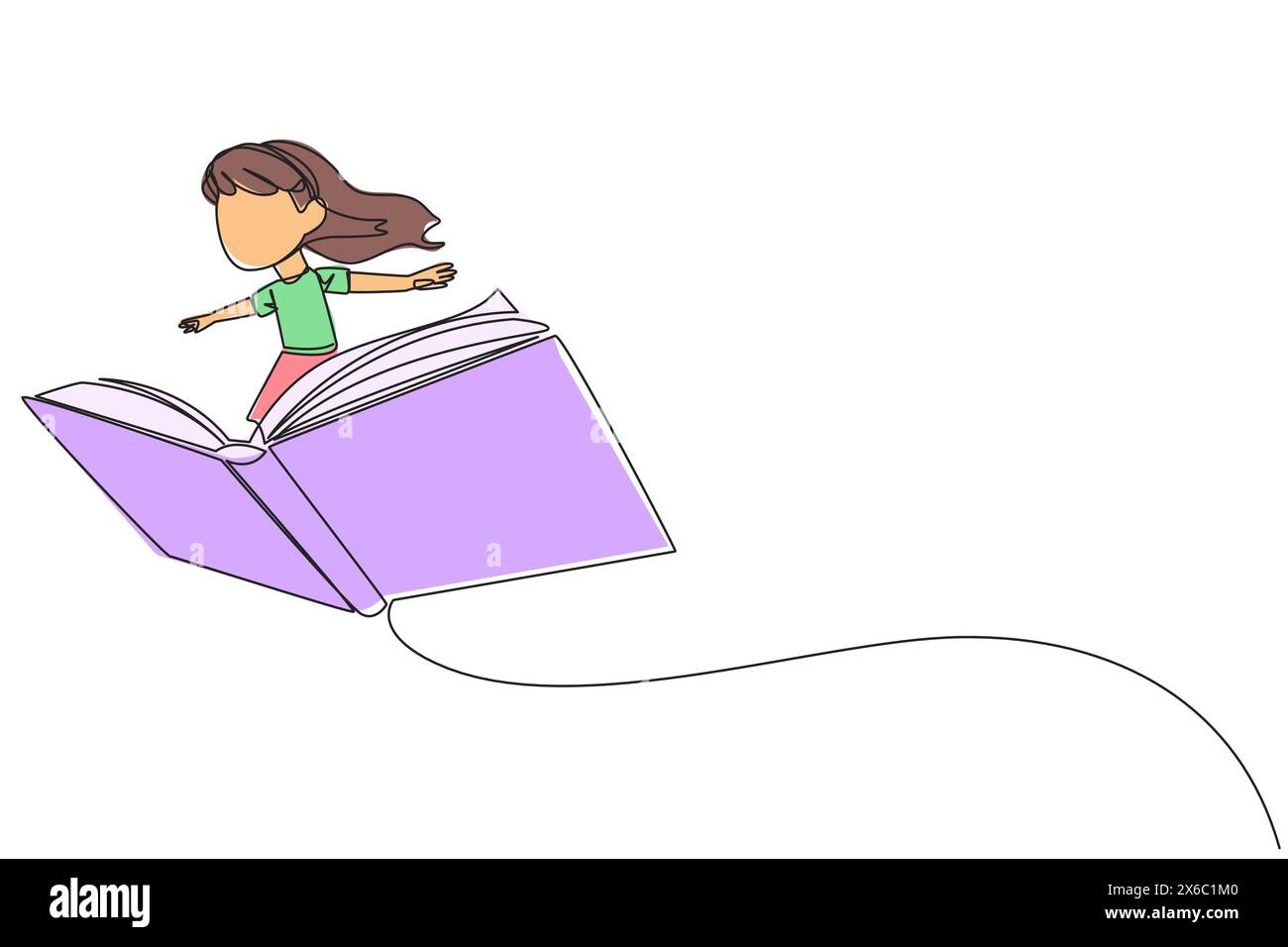 Continuous one line drawing girl standing on a large flying open book ...