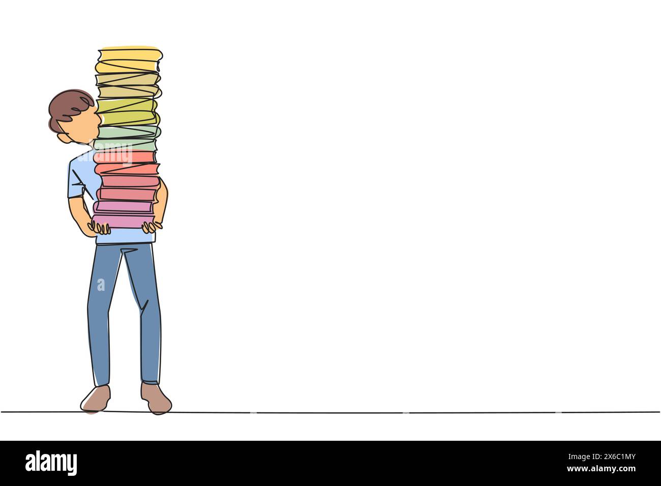 Continuous one line drawing man carrying tall stack of books covering ...