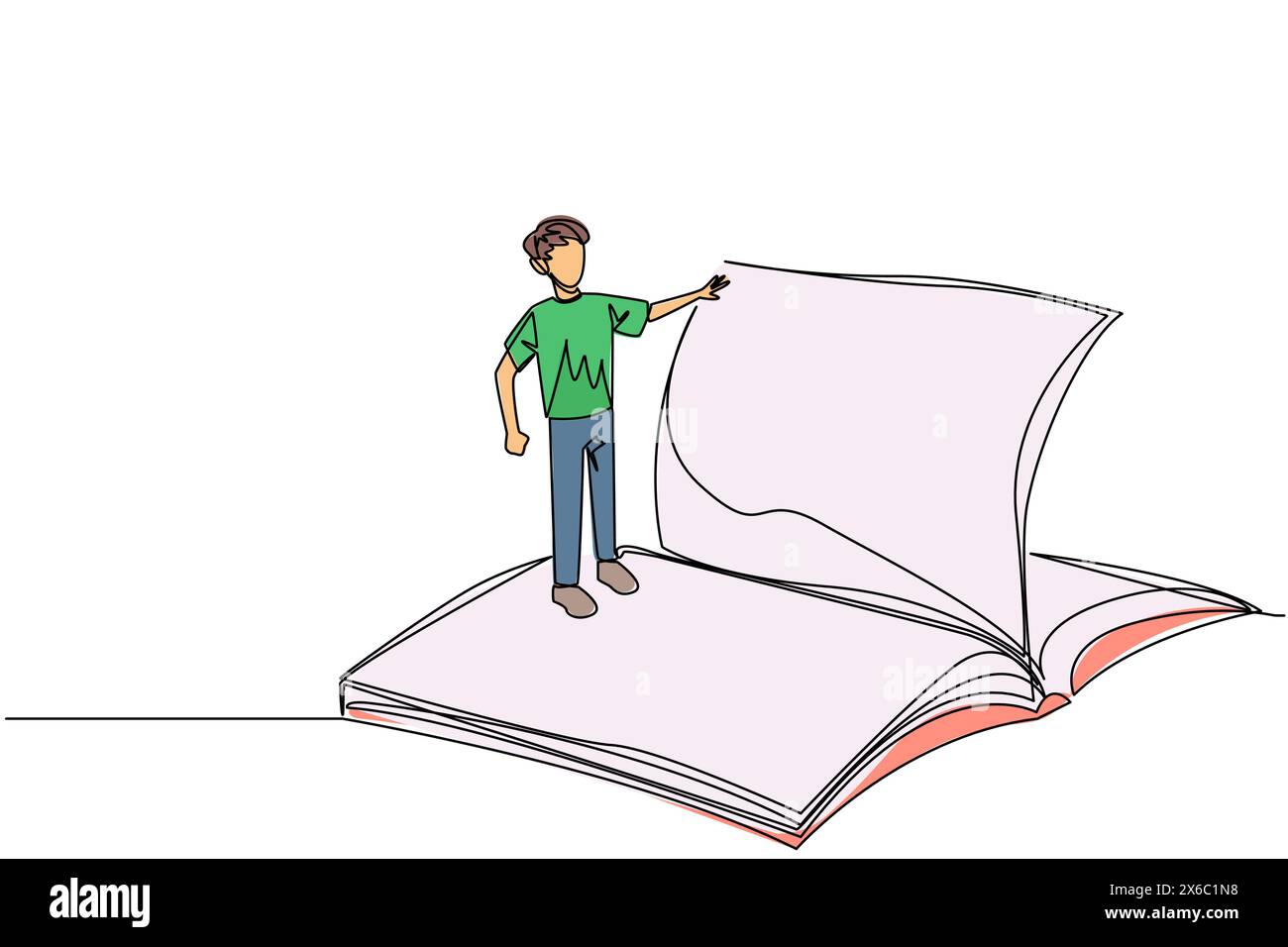 Continuous one line drawing man standing over open ledger turning the ...