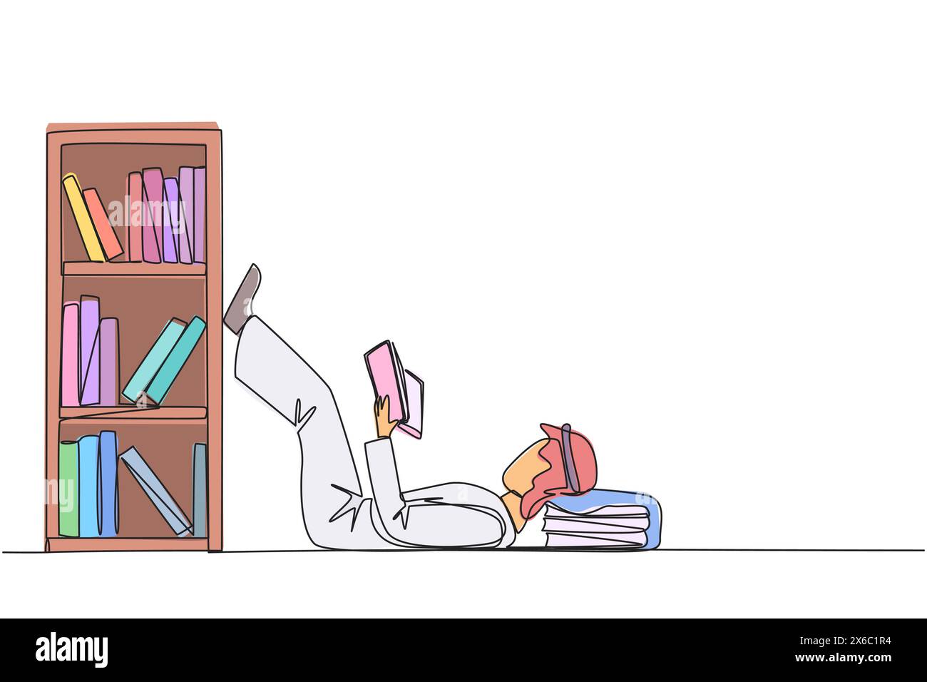 Continuous one line drawing Arab man lying on back reading fiction ...