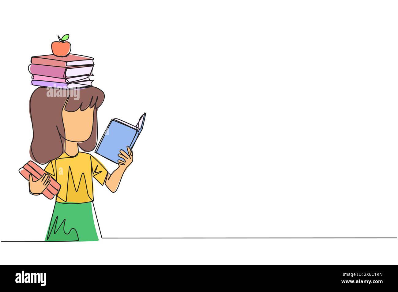 Single continuous line drawing girl read book practicing balance. Stack ...
