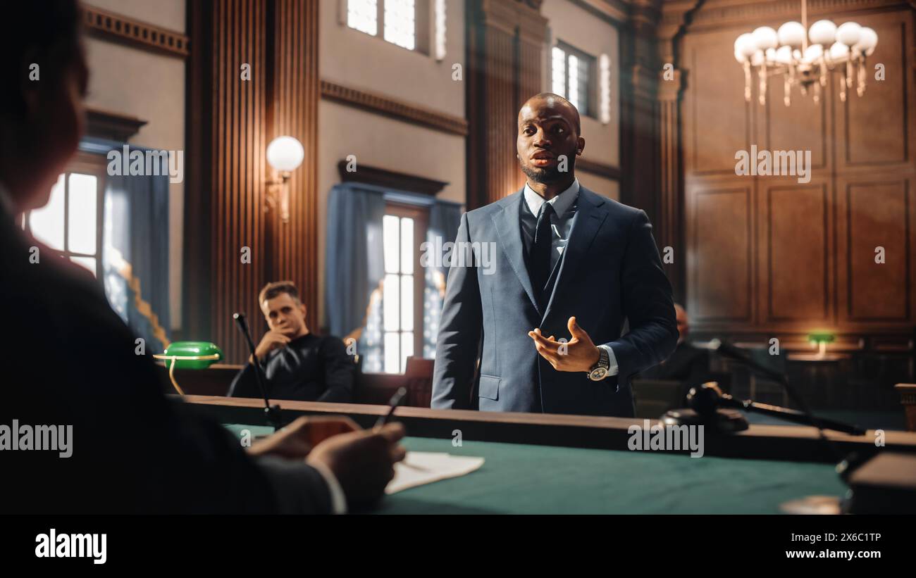 Court of Justice and Law Trial: Male Public Defender Presenting Case ...