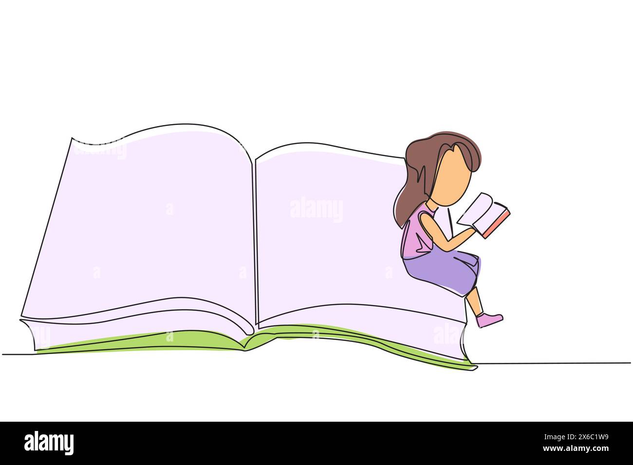 Single continuous line drawing serious girl sitting on the edge of a ...