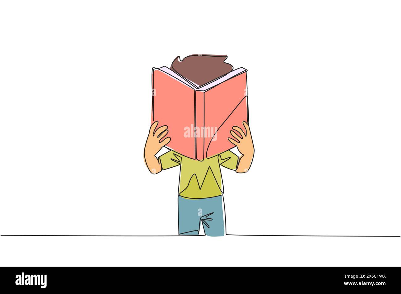 Single continuous line drawing boy seriously reading a book until cover ...