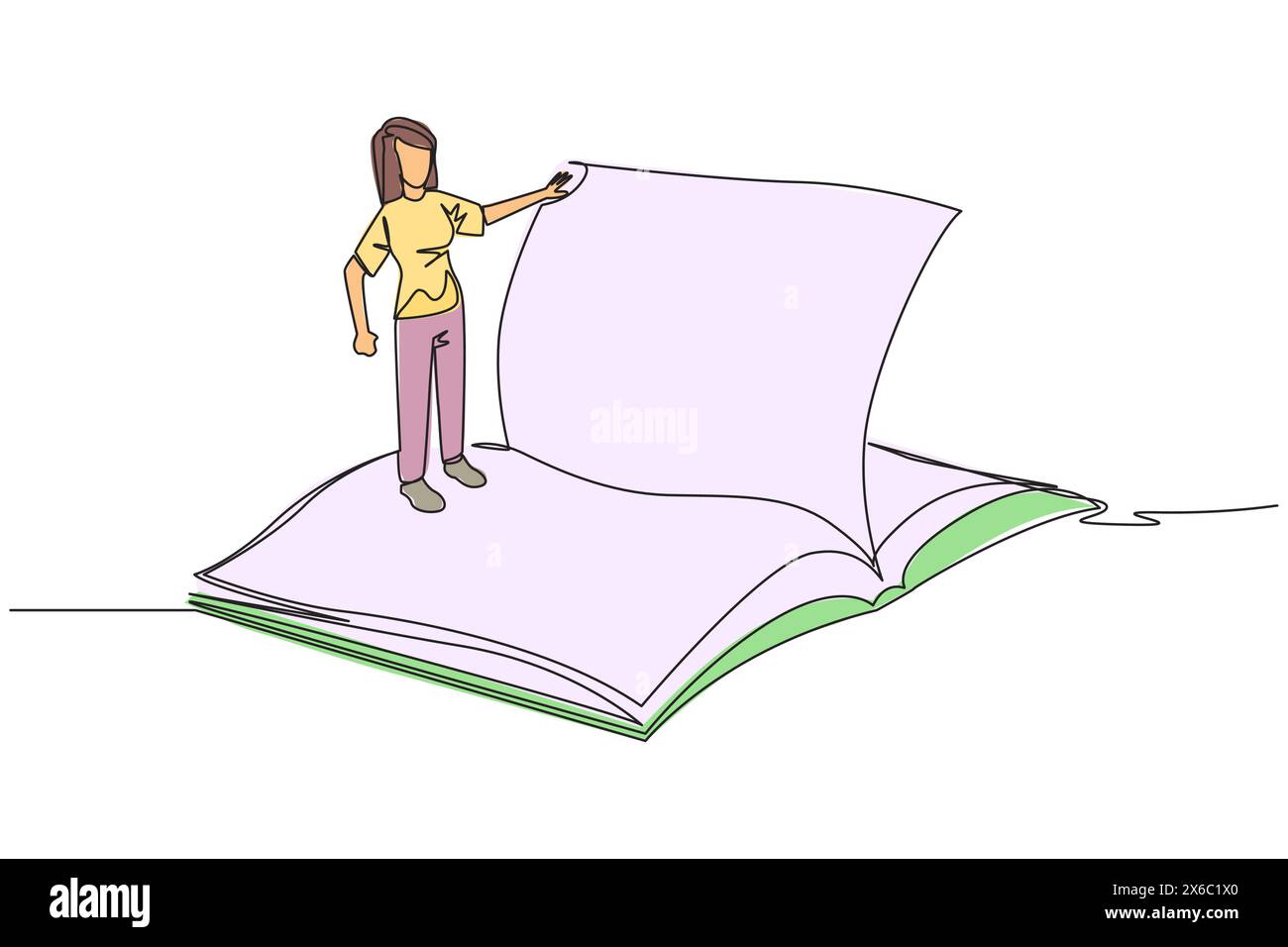 Continuous one line drawing woman standing over open ledger turning the ...