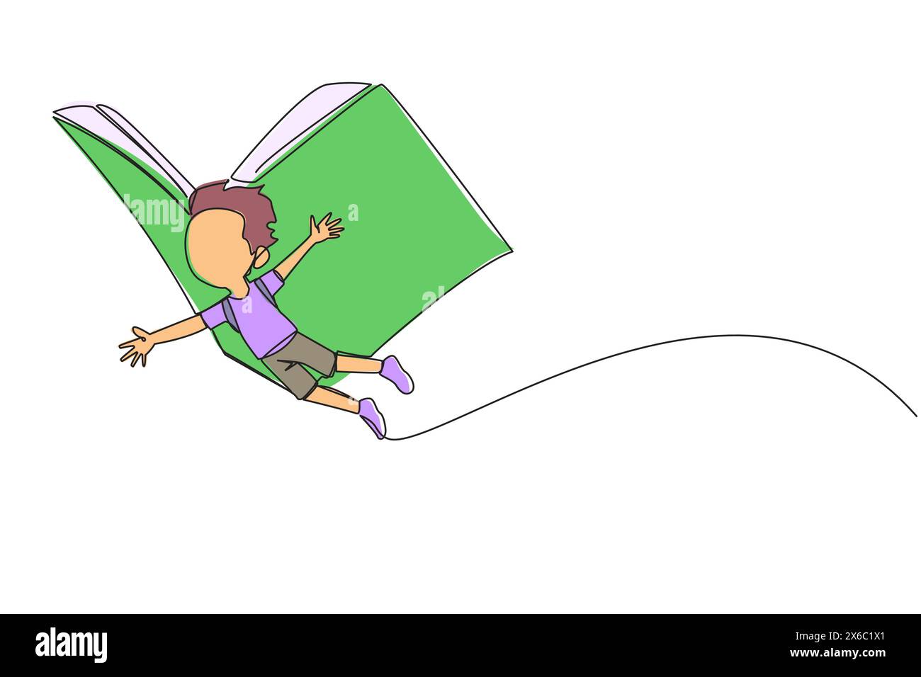 Continuous one line drawing boy flying with wings that come from an ...