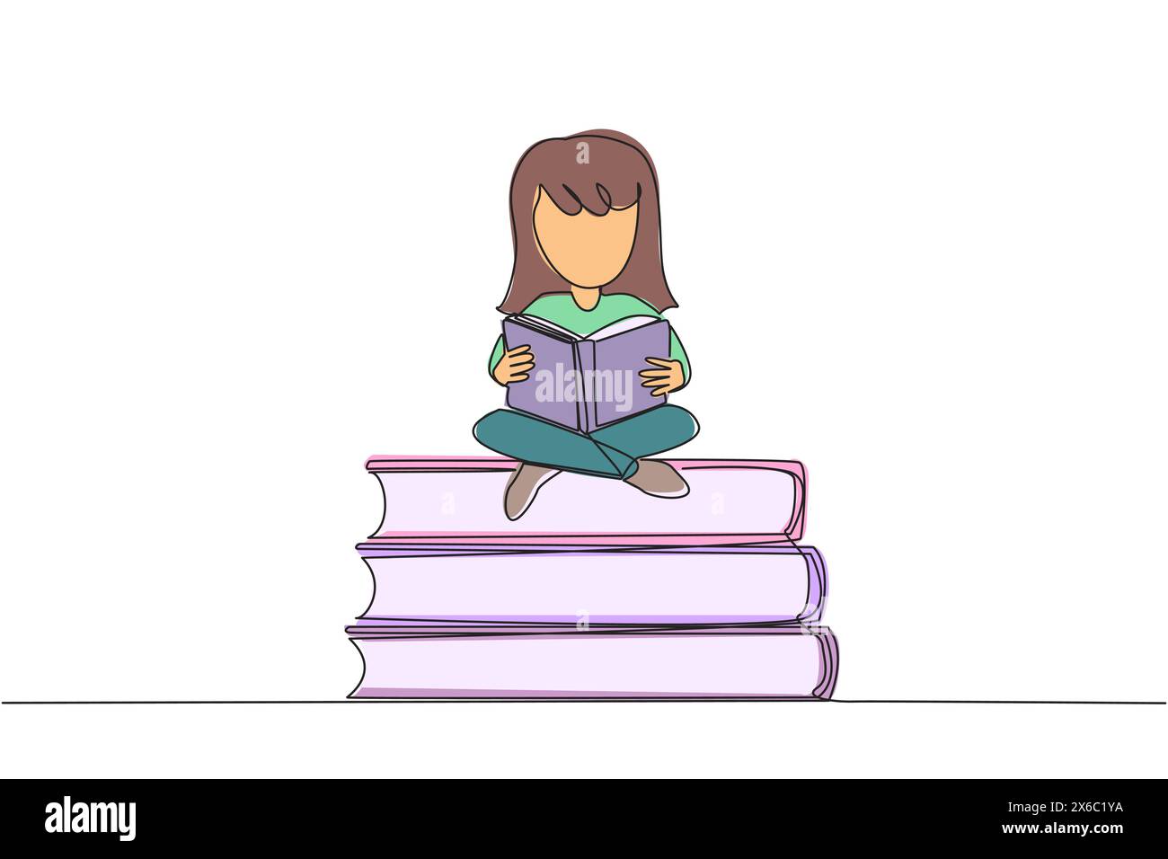Single one line drawing girl sit cross-legged on pile of large books ...