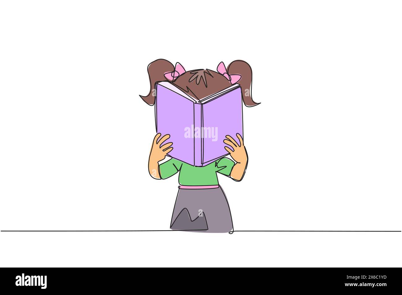 Single continuous line drawing girl seriously reading a book until ...