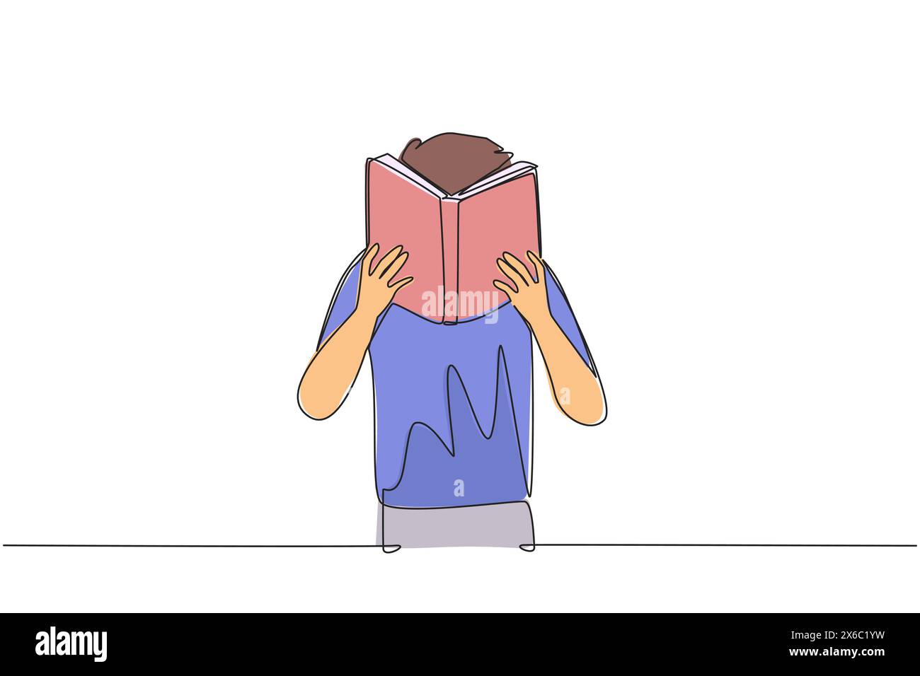 Continuous one line drawing man seriously reading a book until cover ...