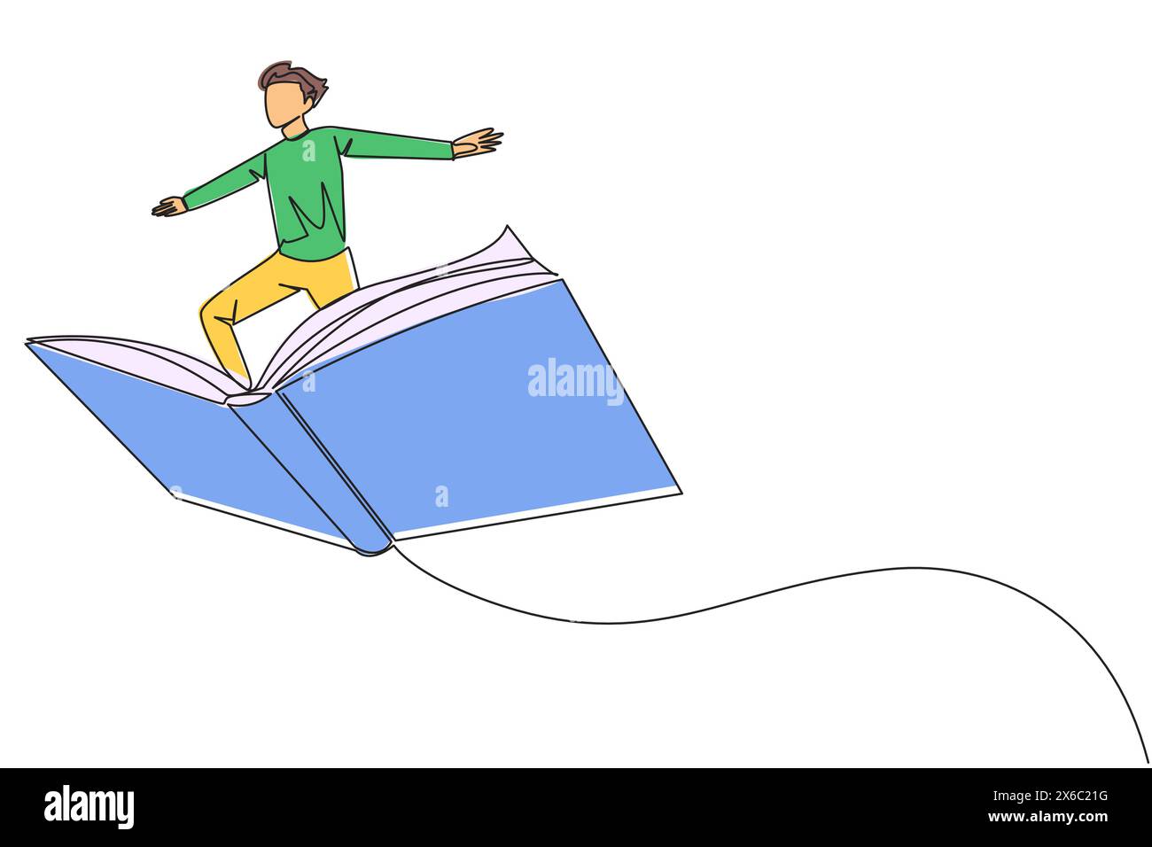 Single continuous line drawing man standing on a large flying open book ...