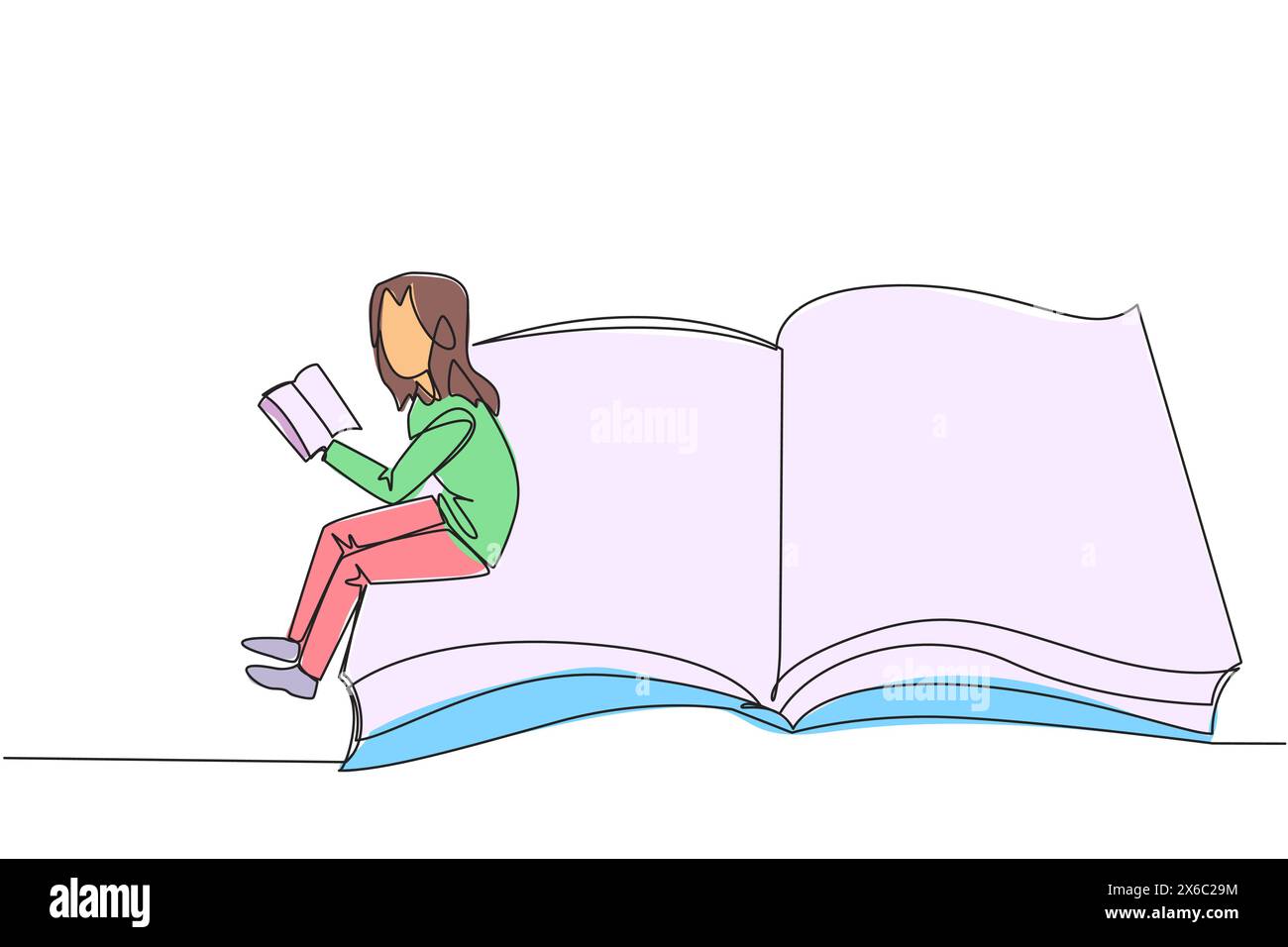 Single continuous line drawing serious woman sitting on the edge of a ...