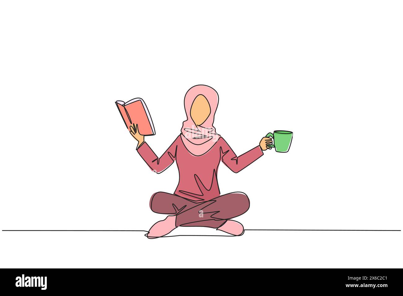 Single continuous line drawing Arabian woman sitting cross-legged ...