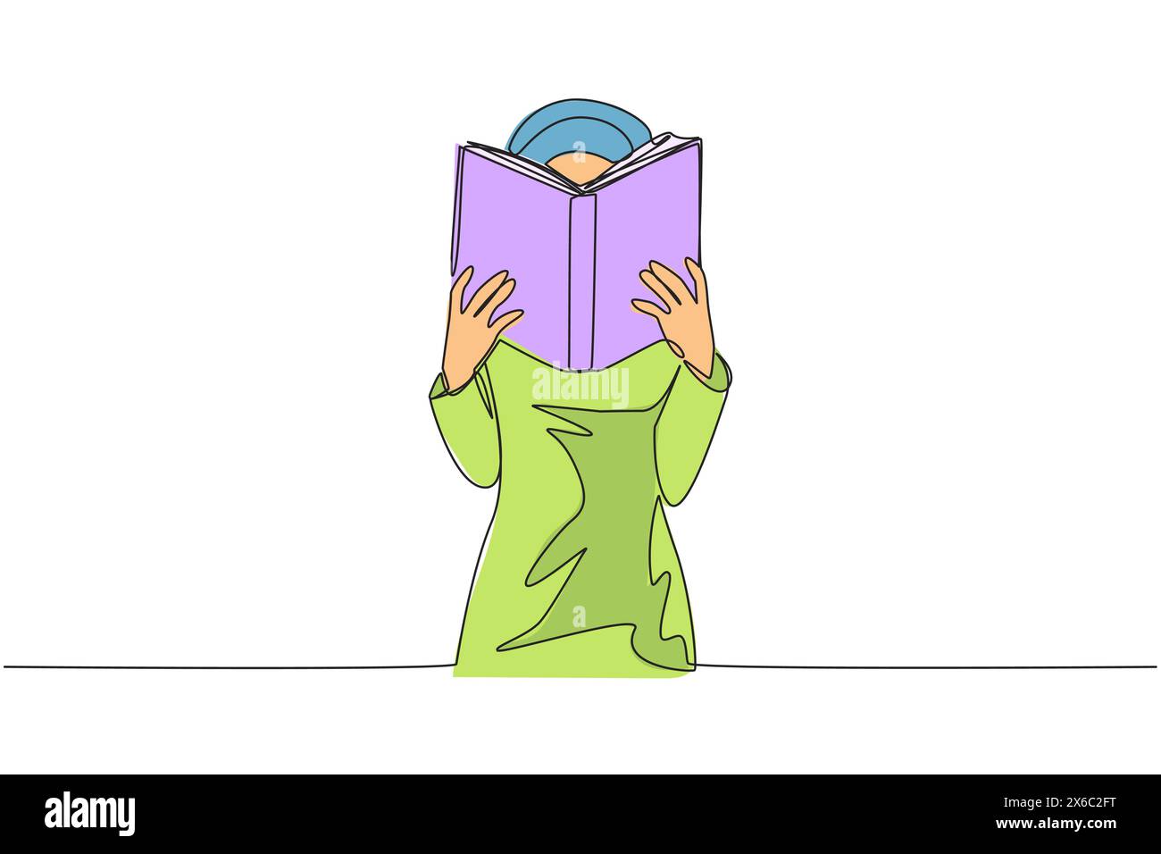 Single continuous line drawing Arab woman seriously reading book until ...