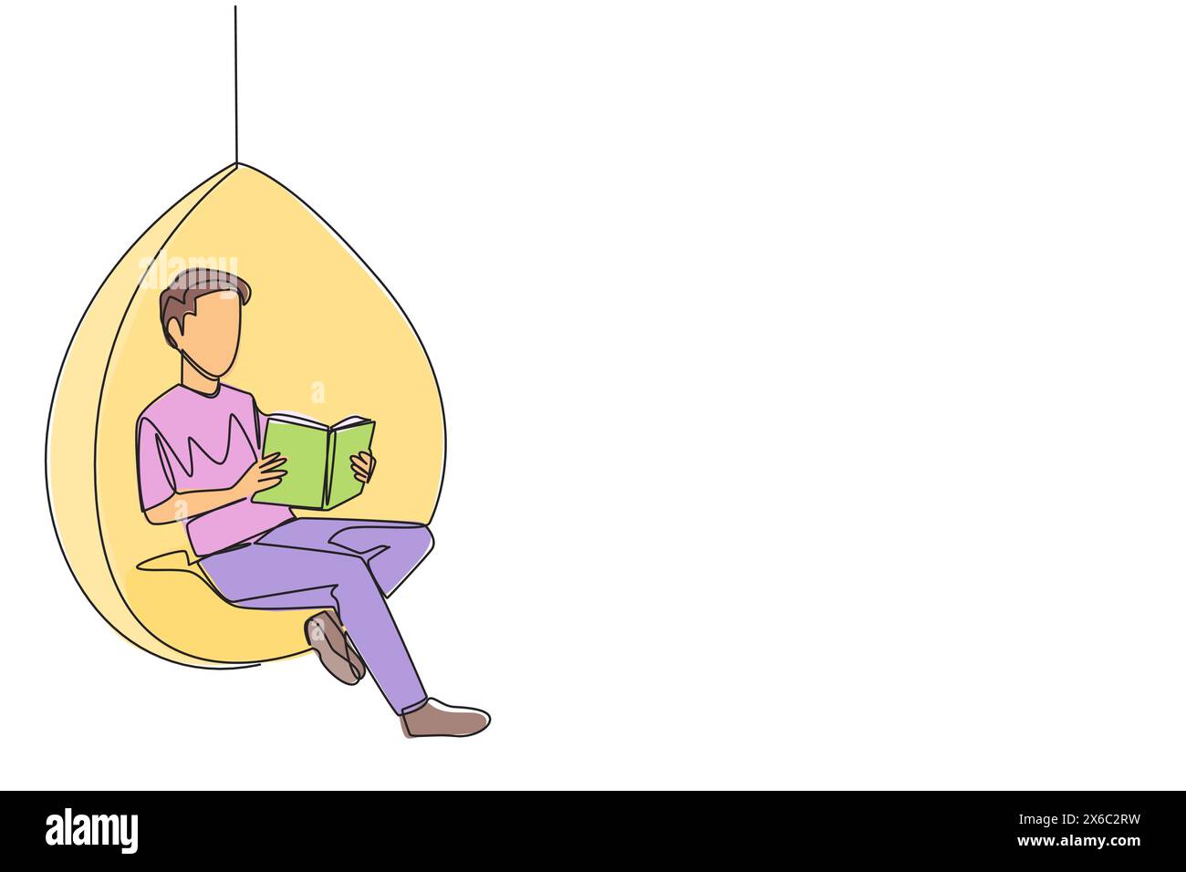 Single continuous line drawing man sitting relaxed in a hanging chair ...