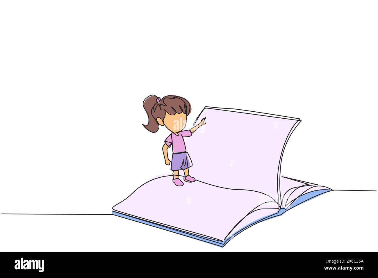 Single one line drawing girl standing over open ledger turning the ...