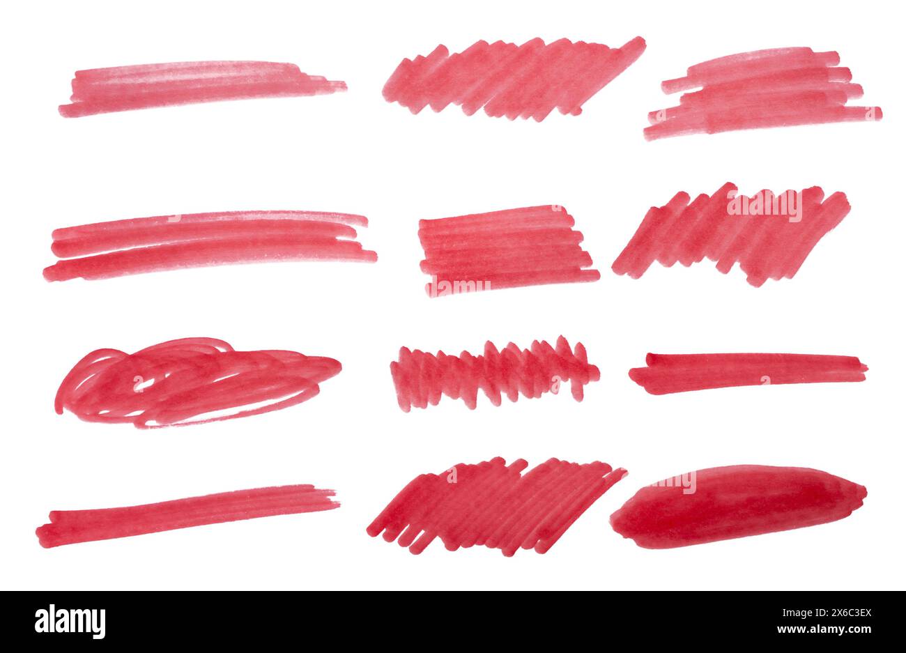 Set of hand drawn strokes highlighter on white background. Red scribble ...