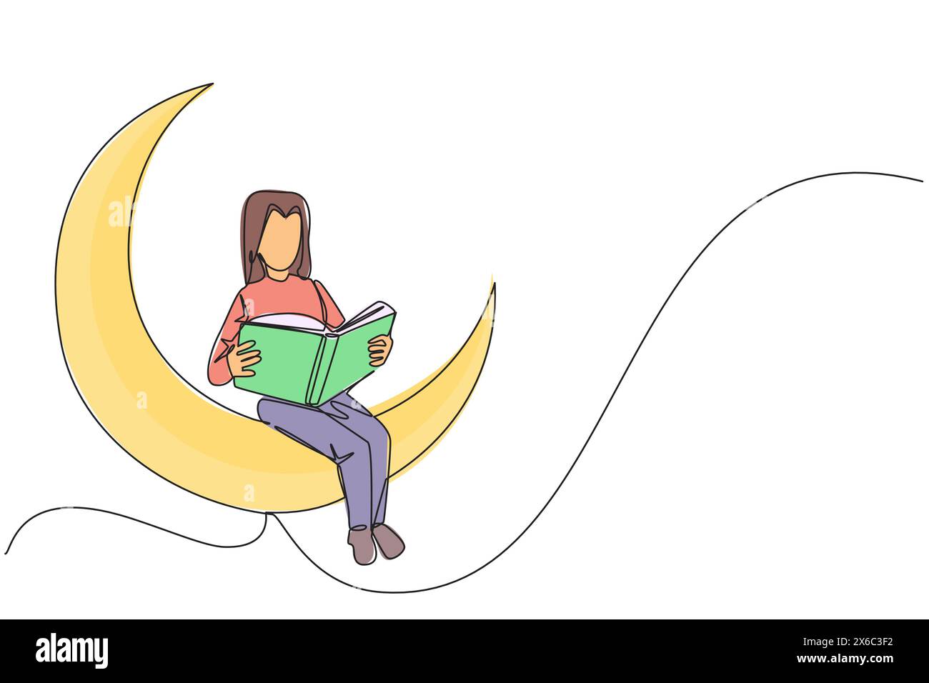 Single one line drawing woman sitting on crescent moon reading a book ...
