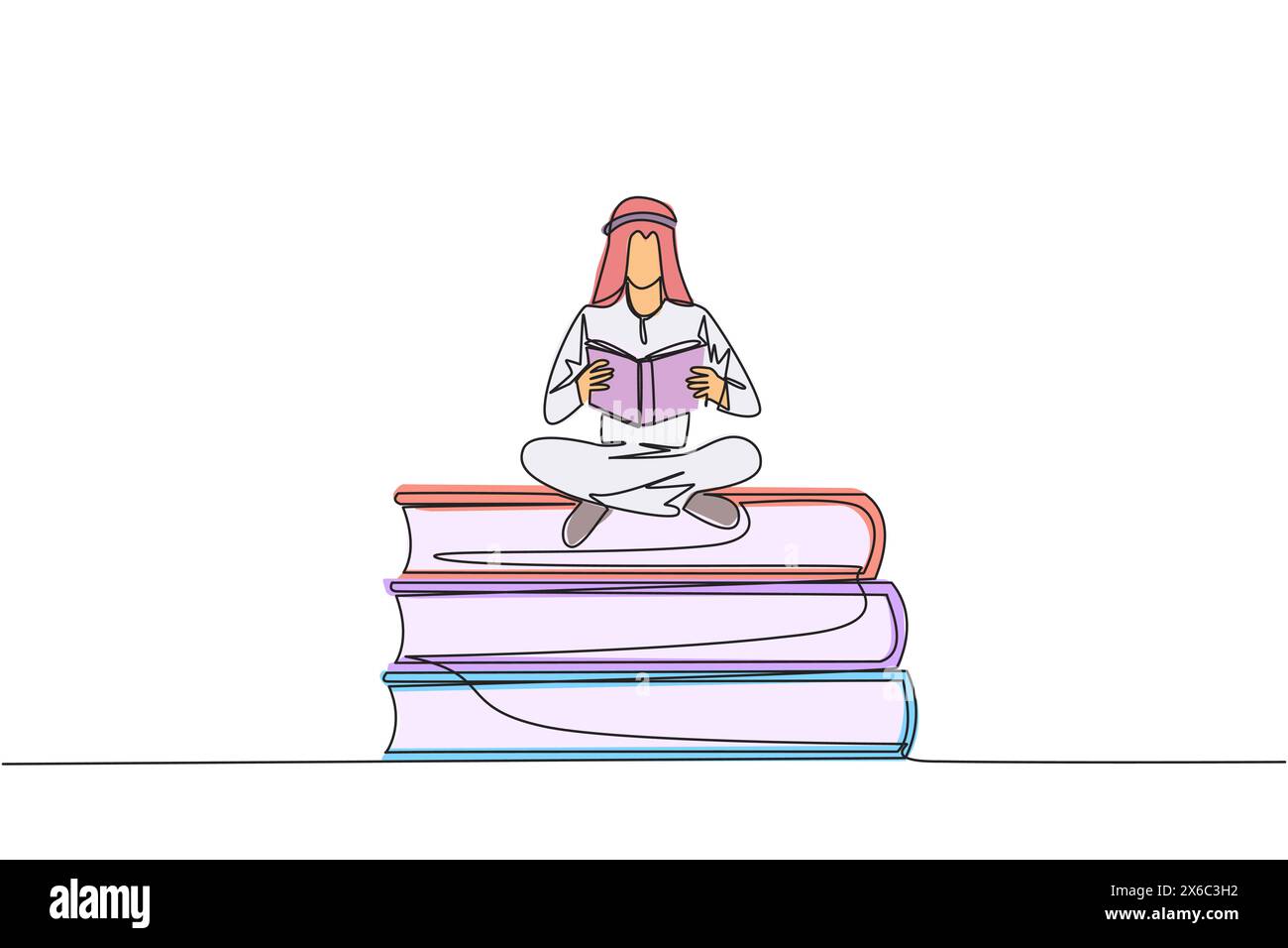 Single one line drawing Arab man sitting cross-legged on pile of large ...