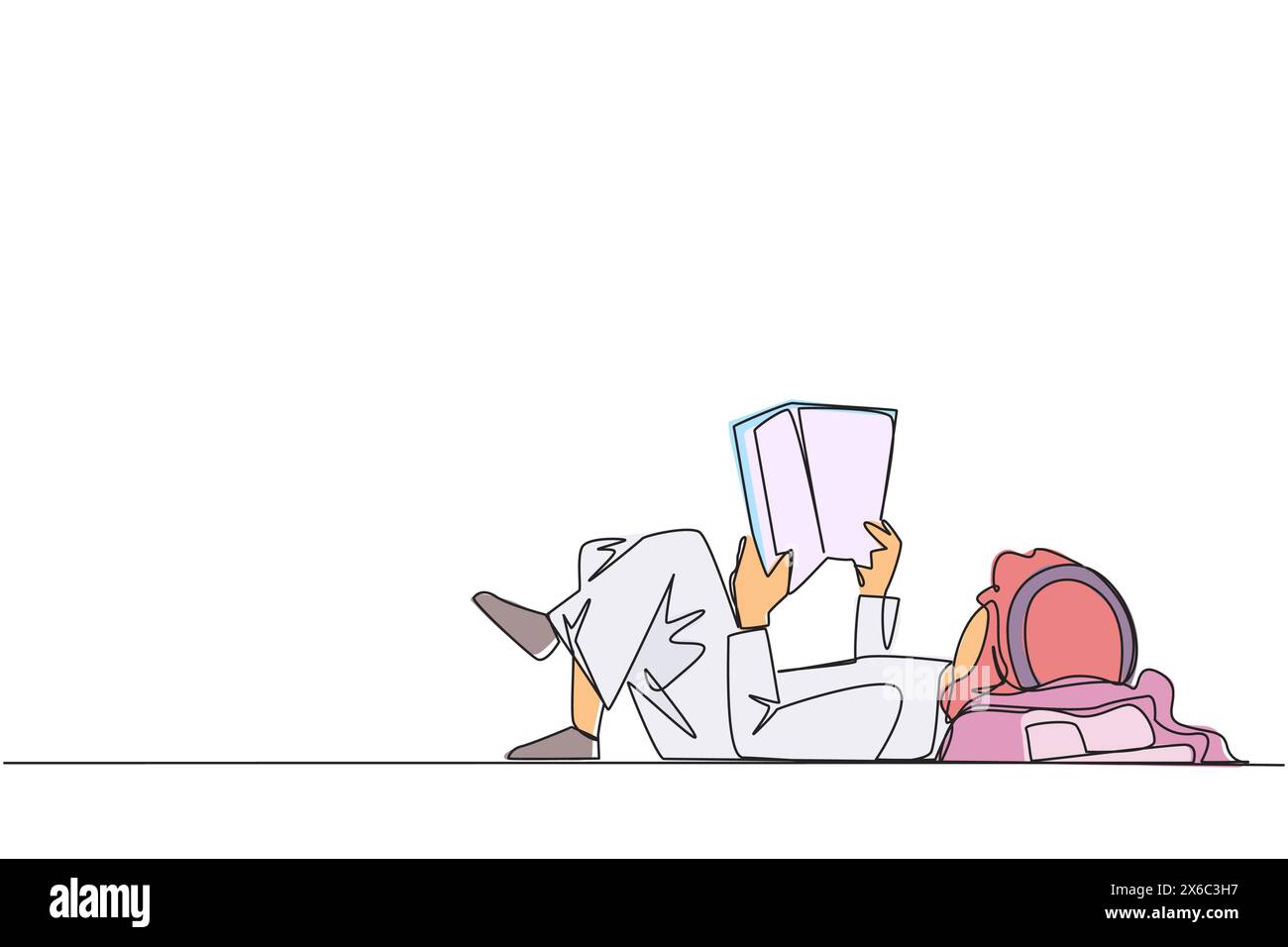 Single continuous line drawing Arab man lying on back reading book ...