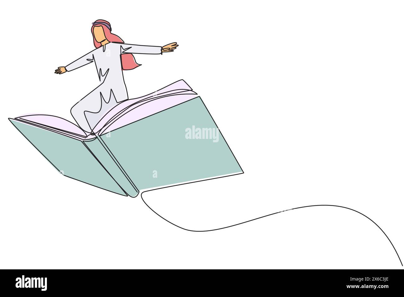 Single one line drawing Arabian man standing on large flying open book ...