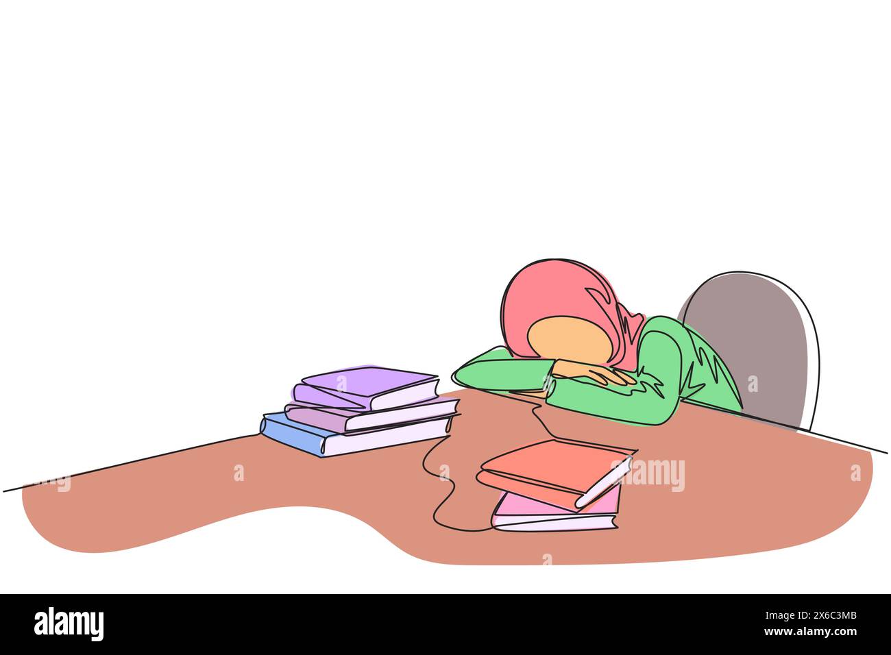 Continuous one line drawing Arabian woman asleep at table where there ...