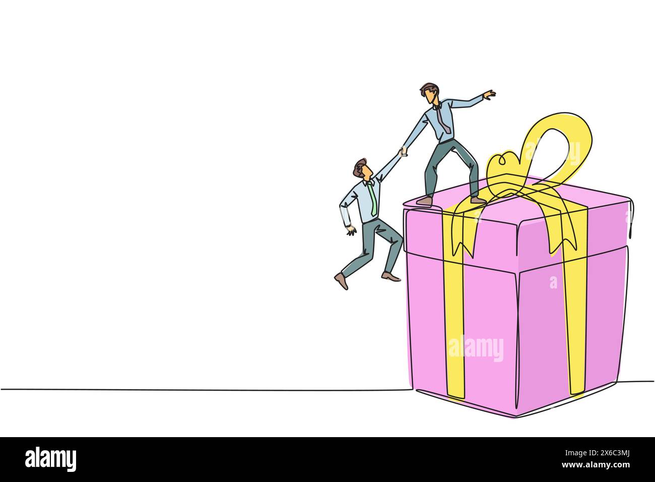 Continuous one line drawing businessman helps colleague climb big gift ...