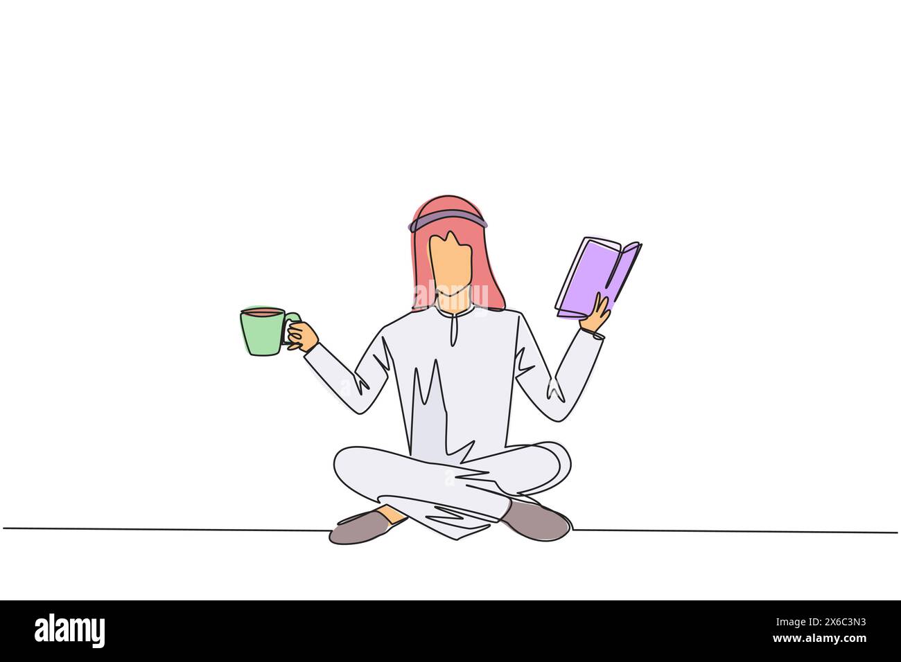 Single one line drawing Arabian man sitting cross-legged reading book ...