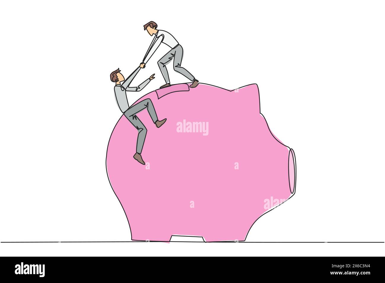 Single one line drawing businessman helps colleague climb big piggy ...