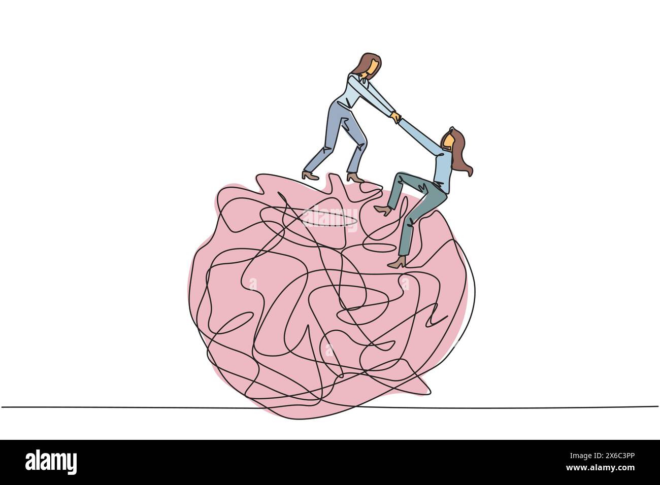 Continuous one line drawing businesswoman helps colleague climb big ...