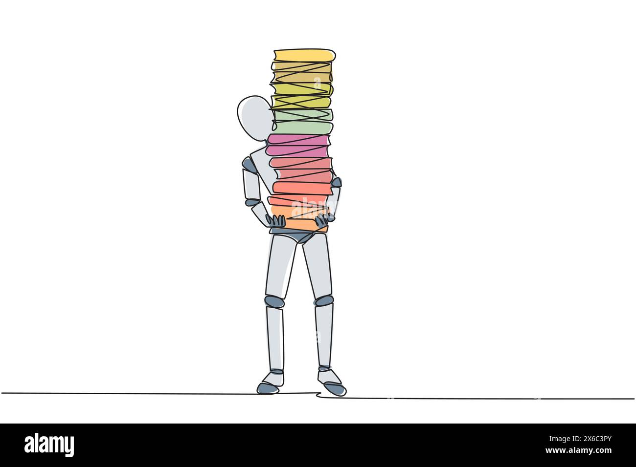Continuous one line drawing robot carrying tall stack of books covering ...