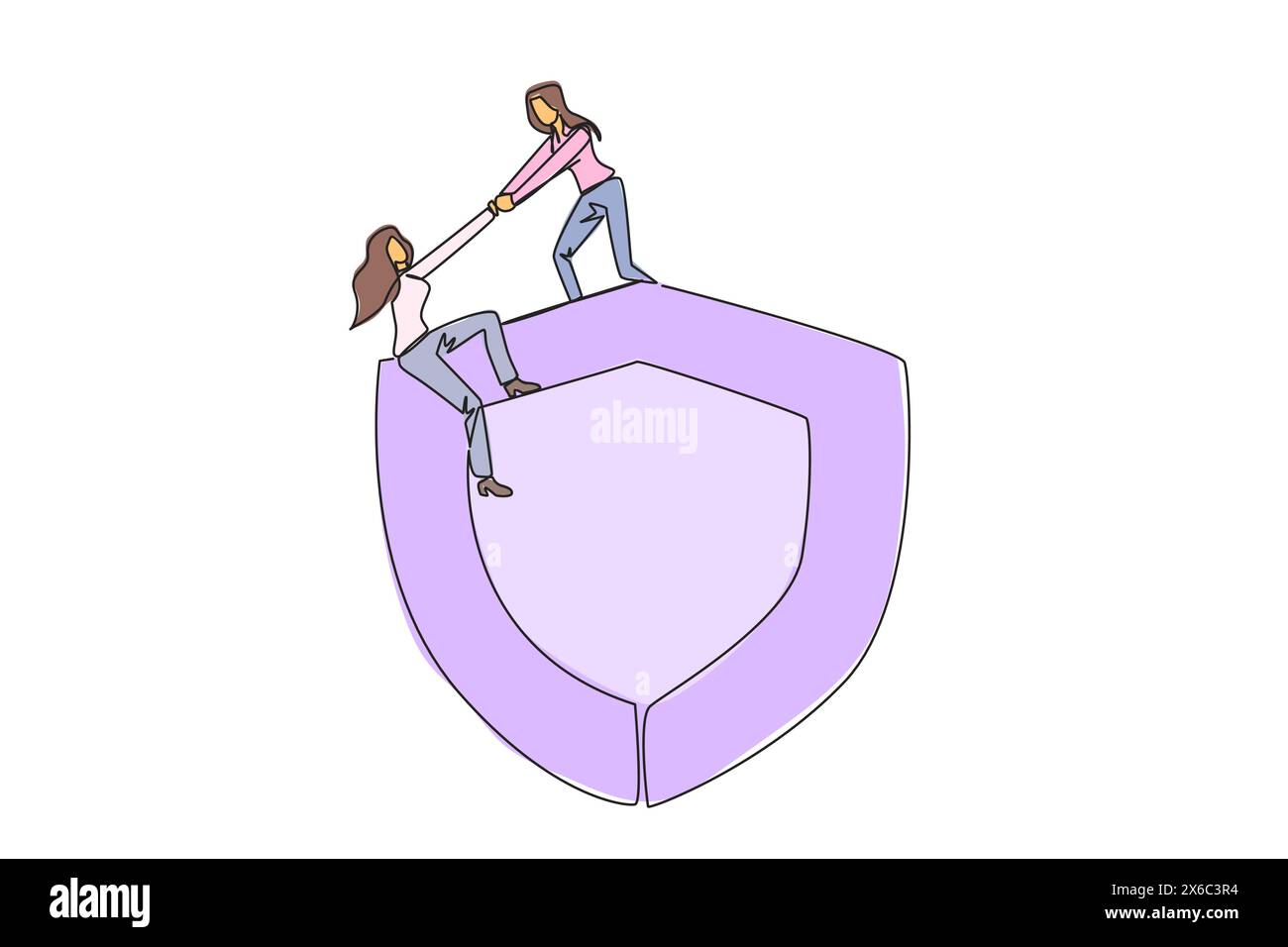 Continuous one line drawing businesswoman helps colleague climb shield ...