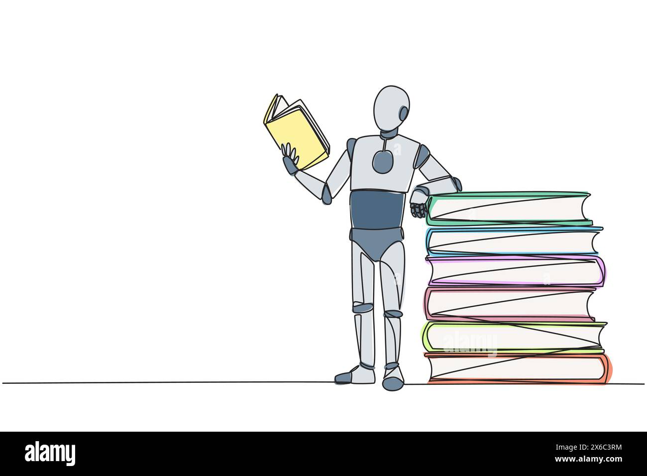 Single continuous line drawing smart robot standing reading book while ...