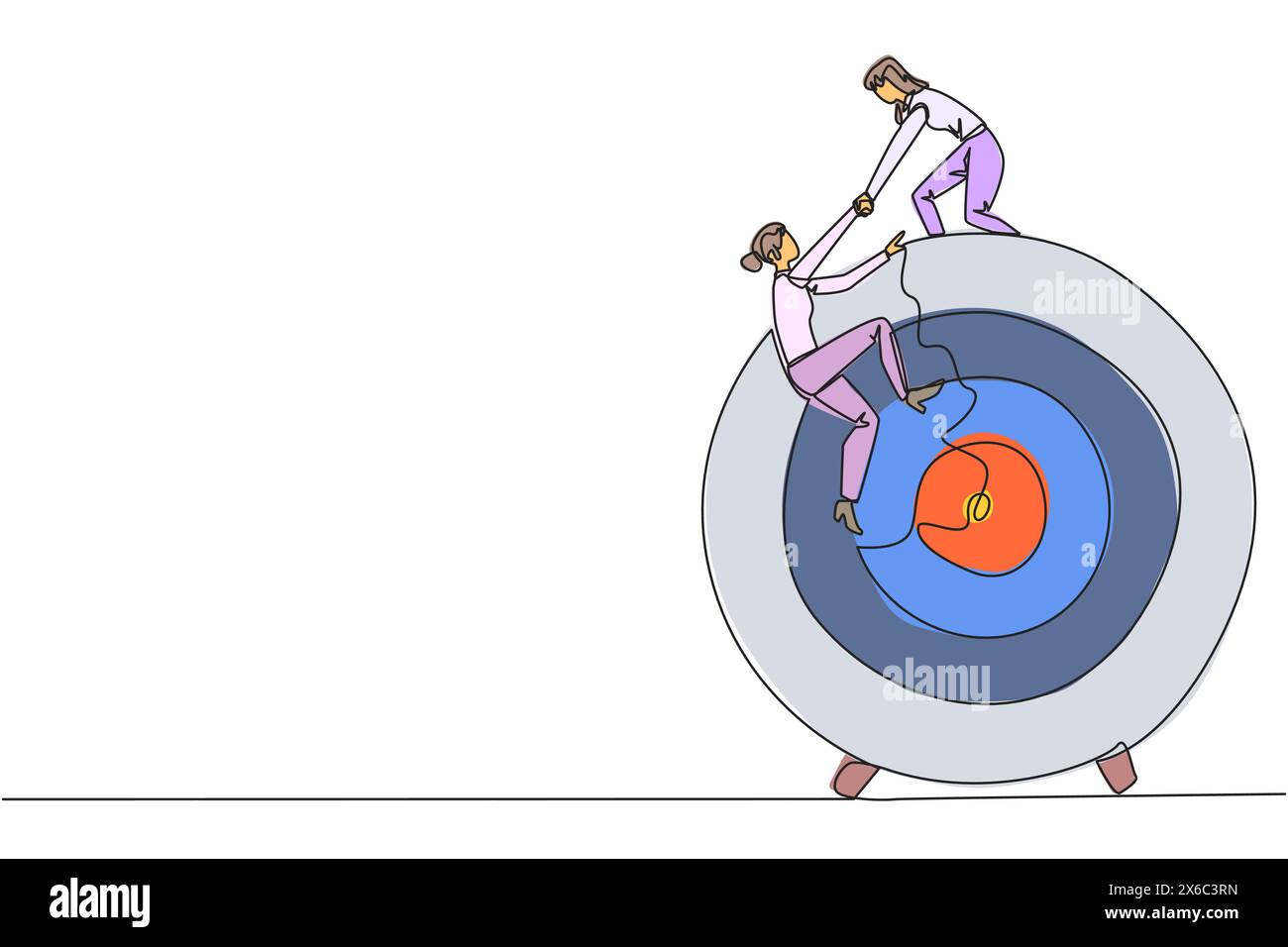 Single one line drawing businesswoman helps colleague climb arrow board ...