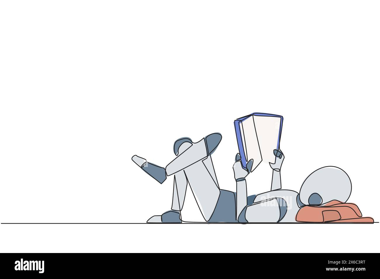 Single continuous line drawing robot lying on back reading book ...