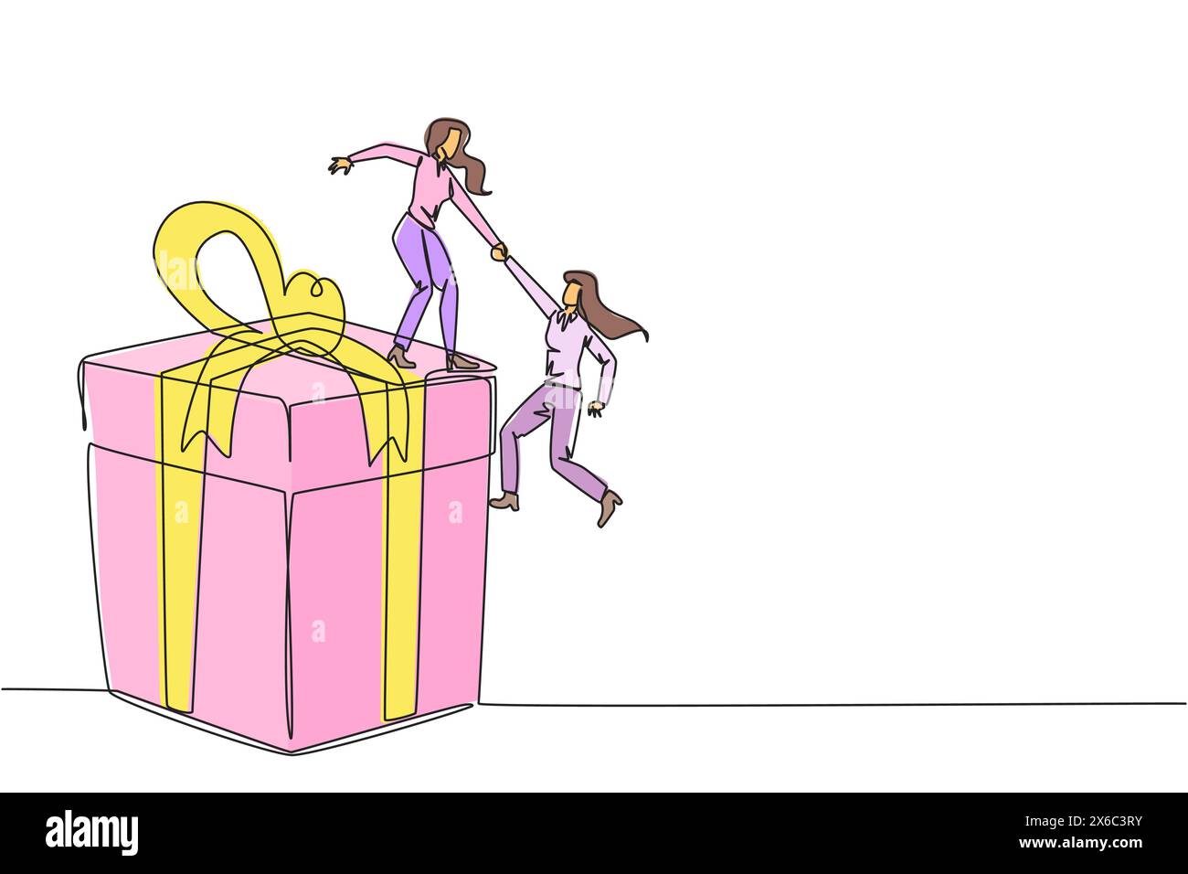 Single one line drawing businesswoman helps colleague climb big gift ...