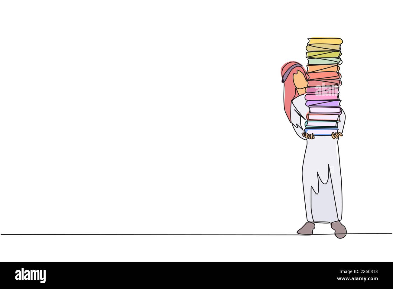Single continuous line drawing Arab man carrying tall stack of books ...