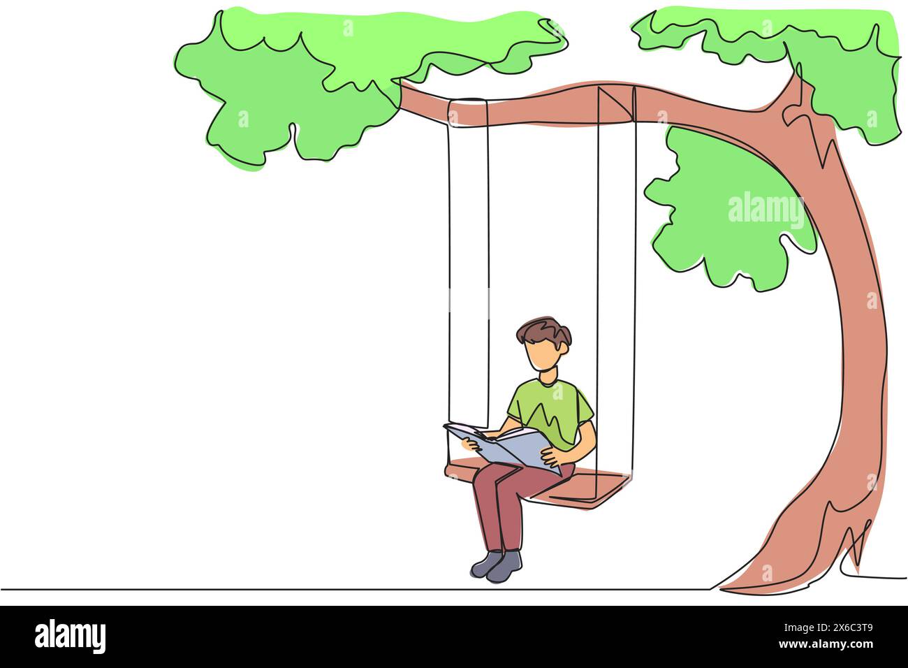 Continuous one line drawing man sitting on a swing under a shady tree ...