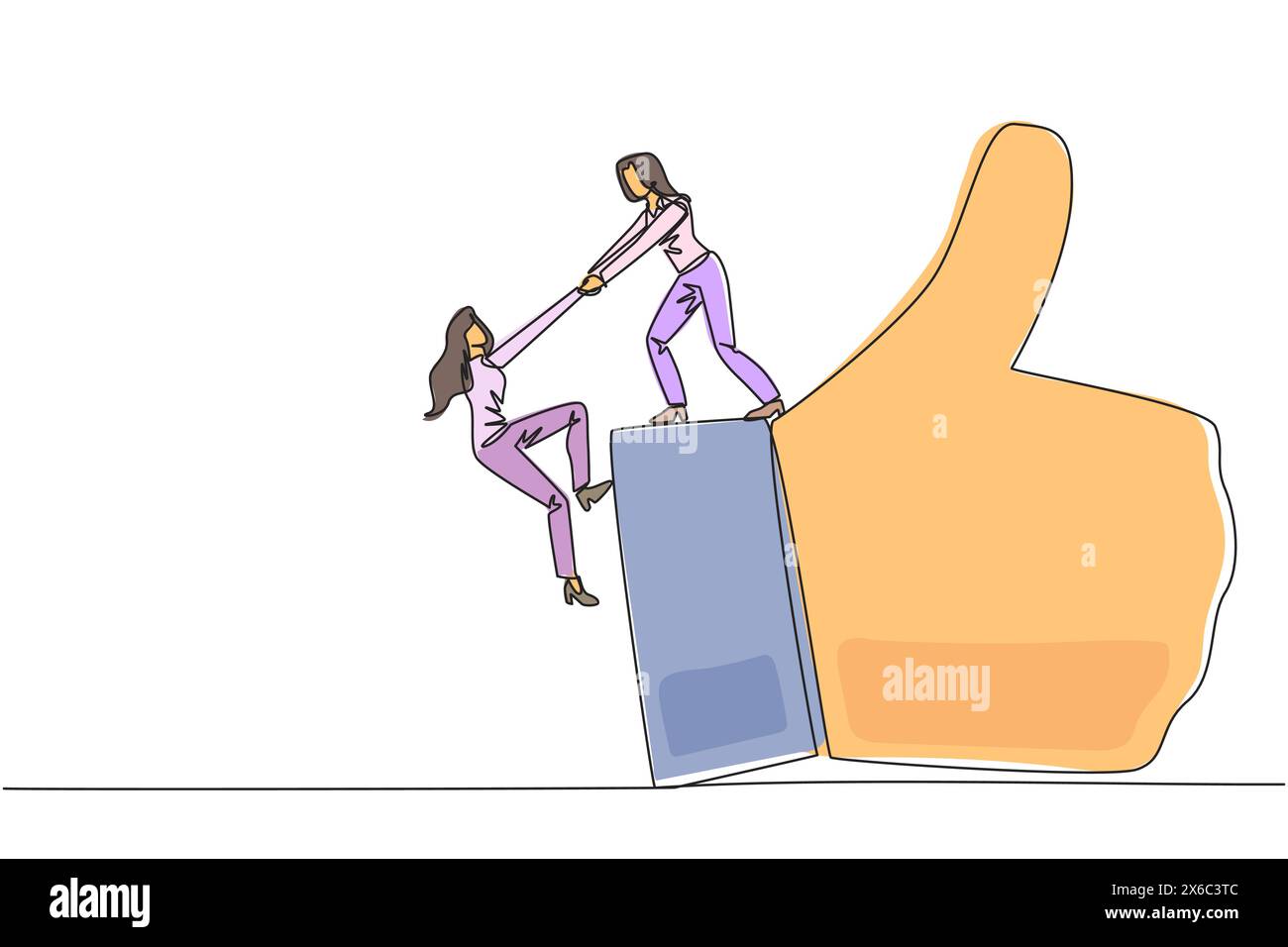 Continuous one line drawing businesswoman helps colleague climb finger ...