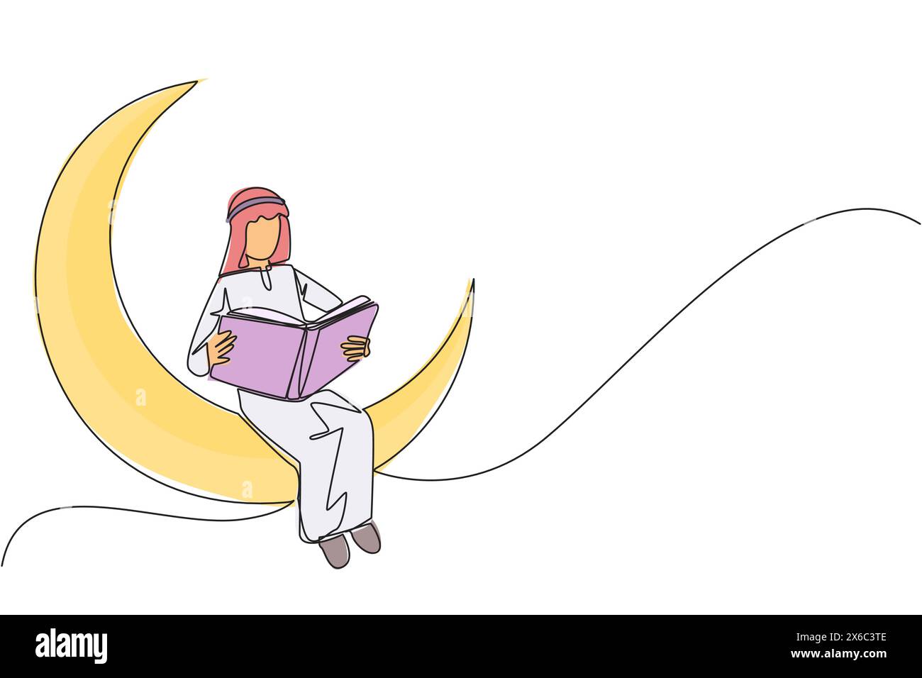 Single one line drawing Arab man sitting on crescent moon reading a ...