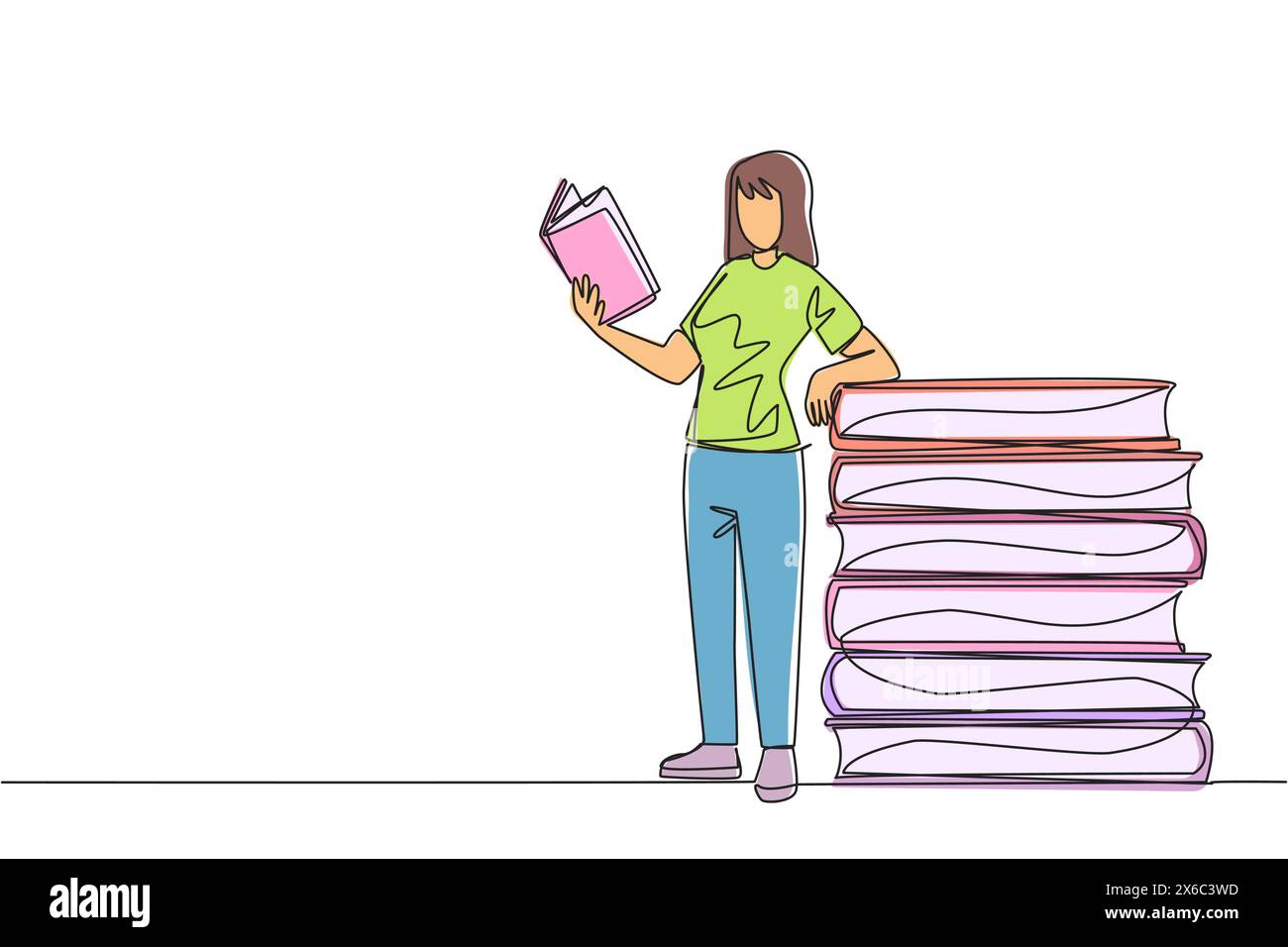 Continuous one line drawing woman standing reading a book while leaning ...