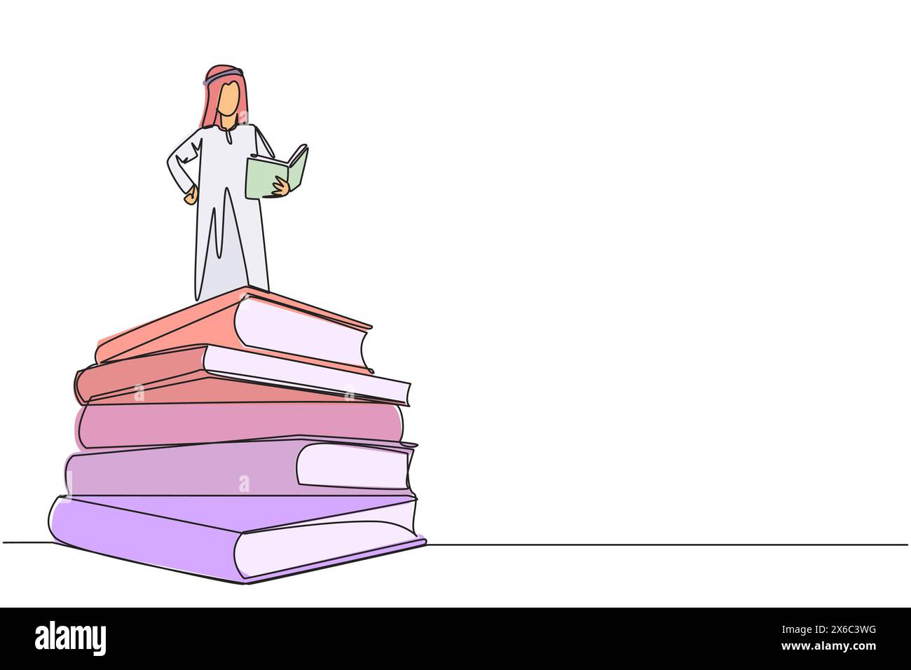 Single continuous line drawing Arab man standing on pile of books ...