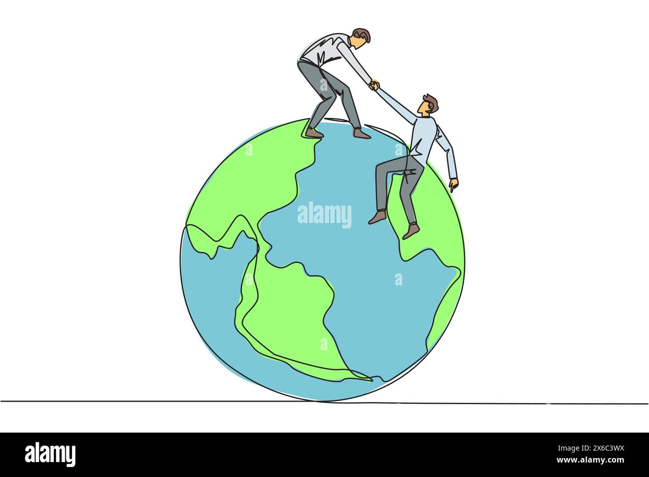 Single one line drawing businessman helps colleague climb the big globe ...