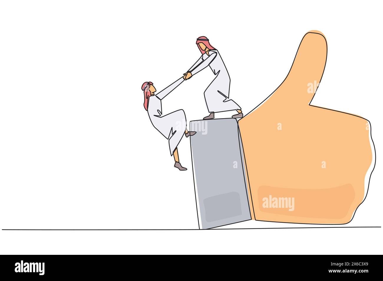 Single continuous line drawing Arab businessman helps colleague climb ...