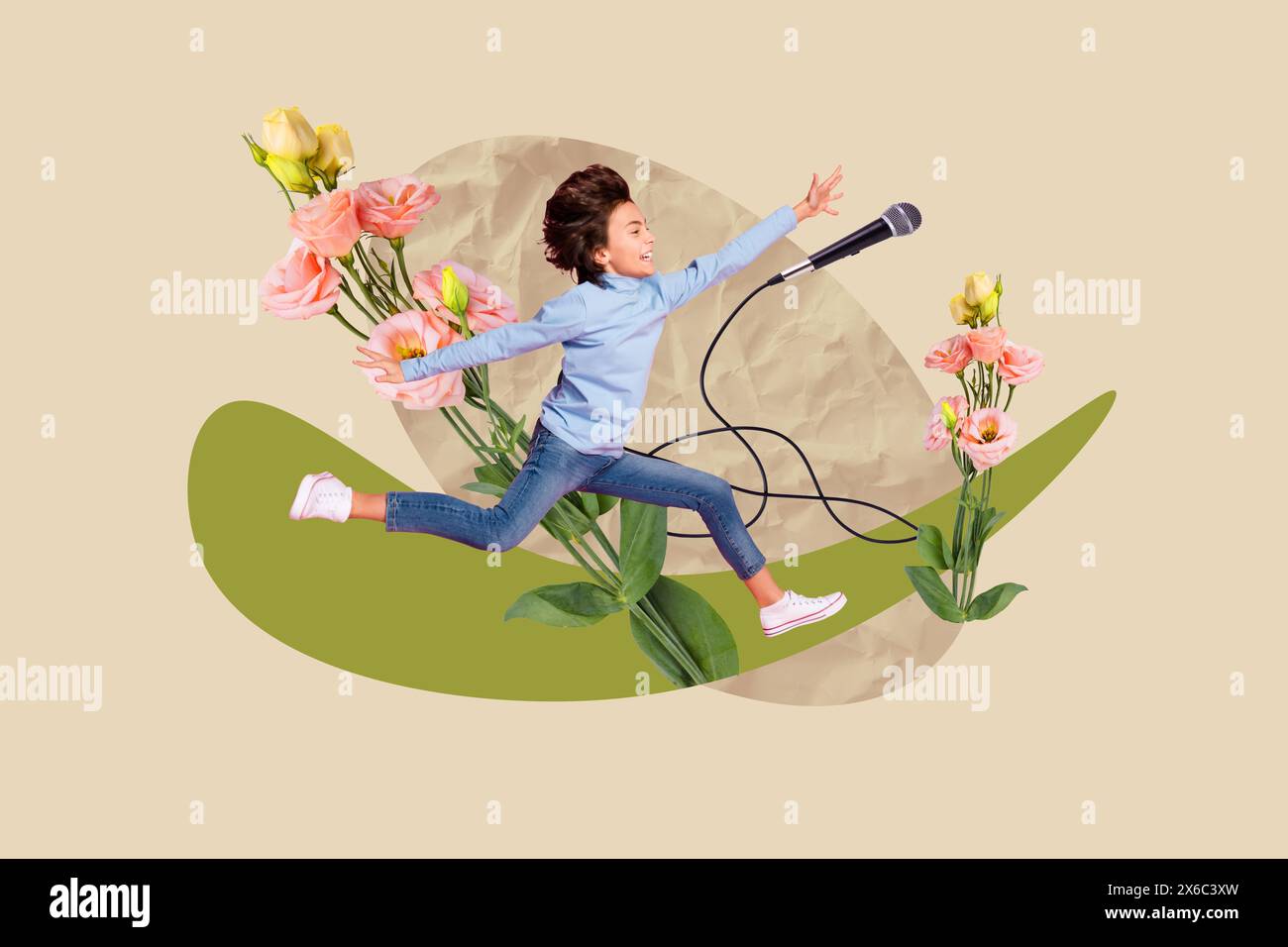 Composite collage image picture of excited boy catch big microphone ...