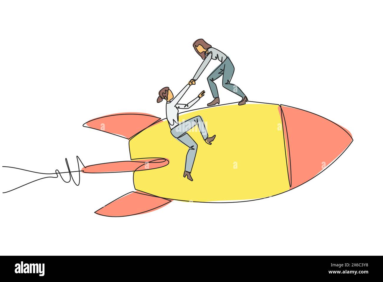 Single continuous line drawing businesswoman helps colleague climb ...