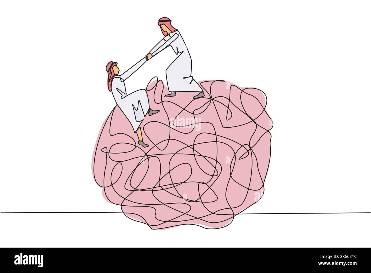 Single continuous line drawing Arab businessman helps colleague climb ...
