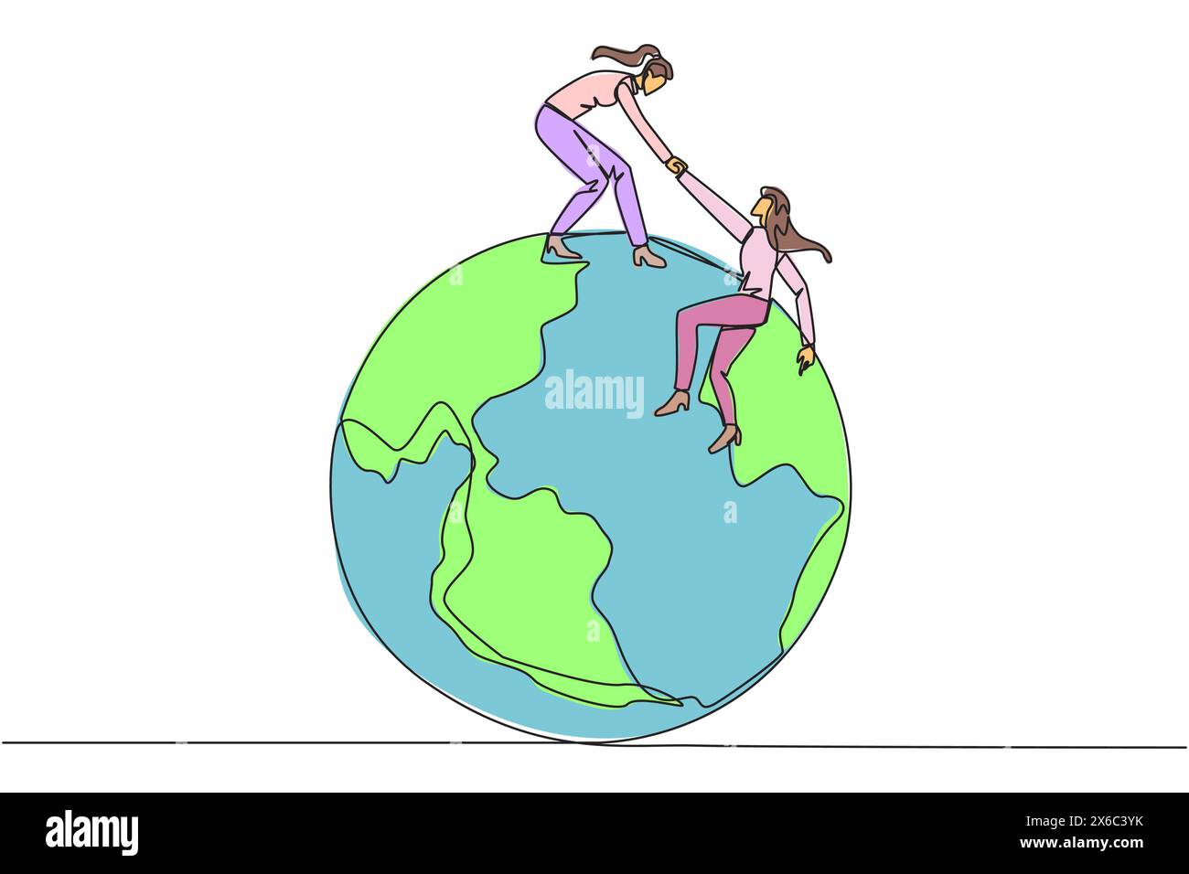 Single continuous line drawing businesswoman helps colleague climb the ...