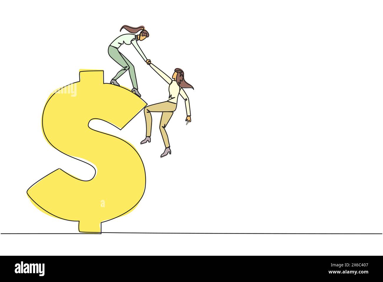 Single one line drawing businesswoman helps colleague climb the big ...